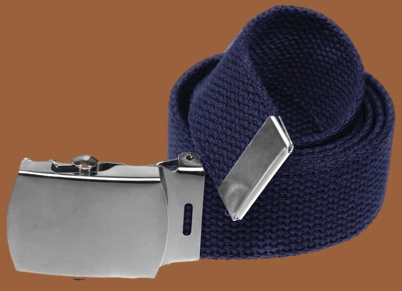 MILITARY HEAVY GRADE NAVY BLUE WEB BELT SILVER NICKLE PLATED BUCKLE U ...