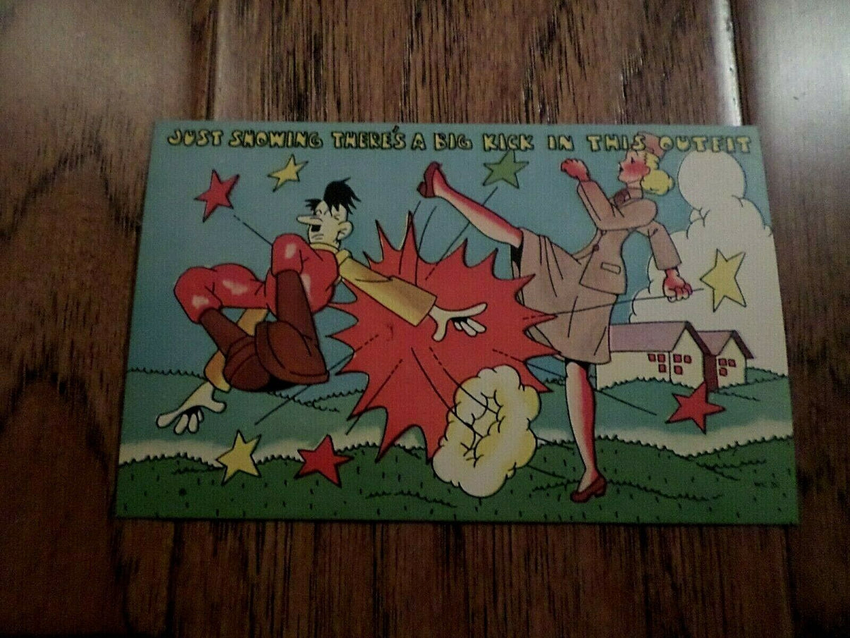 WWII U.S MILITARY COMIC POSTCARD FEMALE WAC BY BEALS KICKING HITLER OR ...