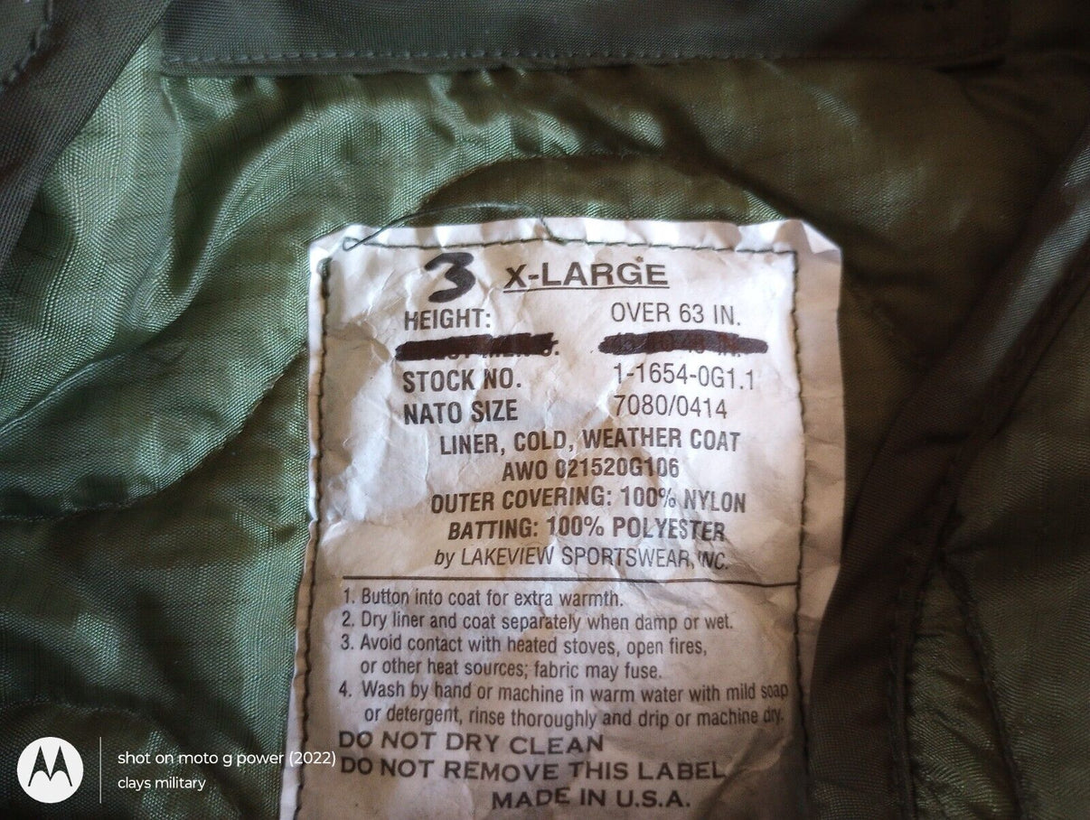 NEW MILITARY ISSUE M-65 FIELD JACKET LINER QUILTED COAT LINER XXX LARG ...